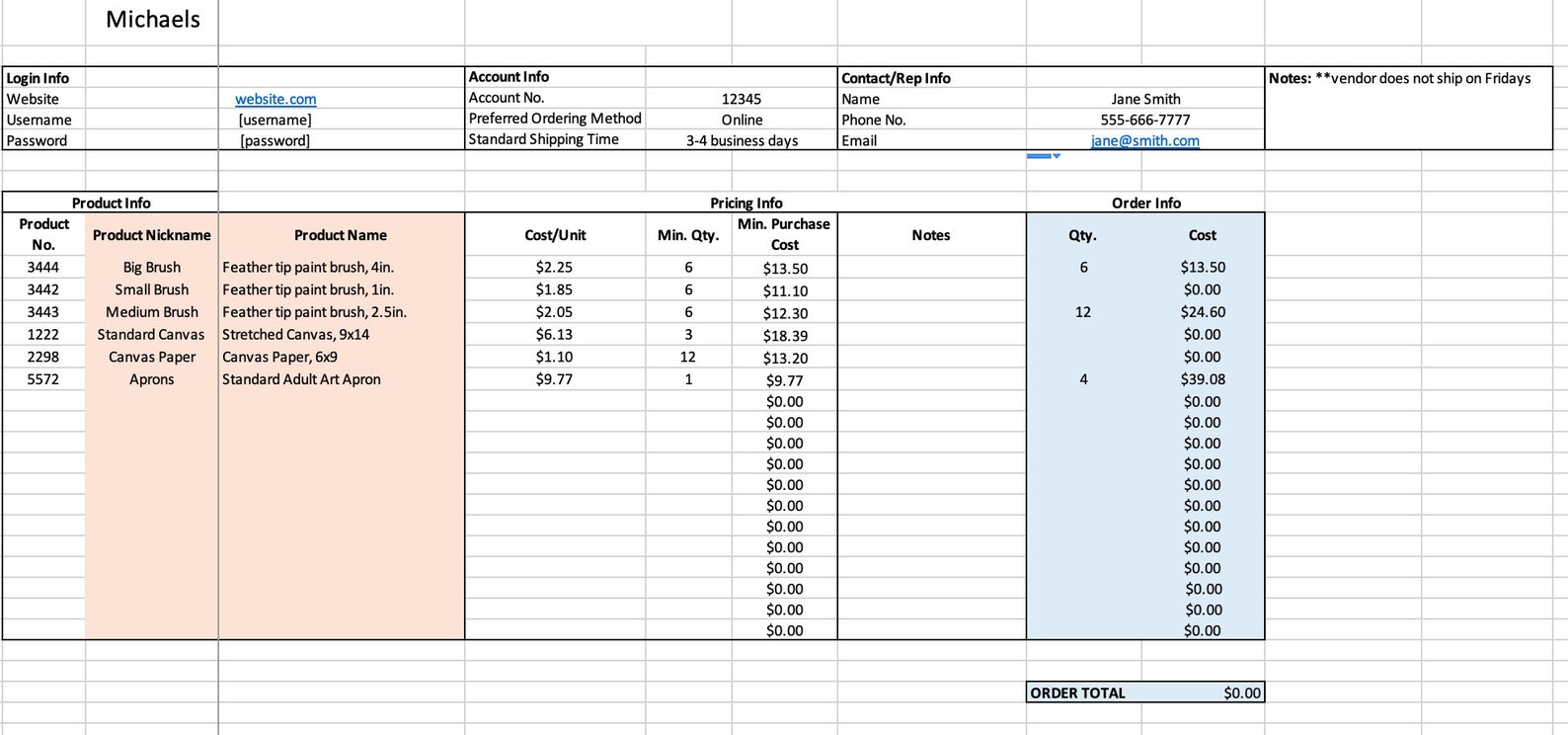 Vendor Info & Ordering Template - Etsy