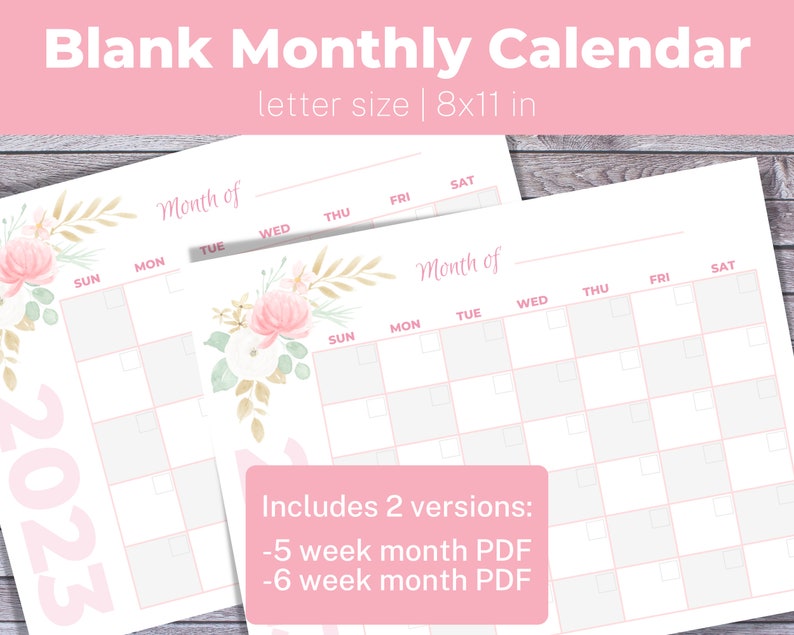 Floral Blank 2023 Monthly Calendar | 8.5x11 Letter Size | Printable - Etsy