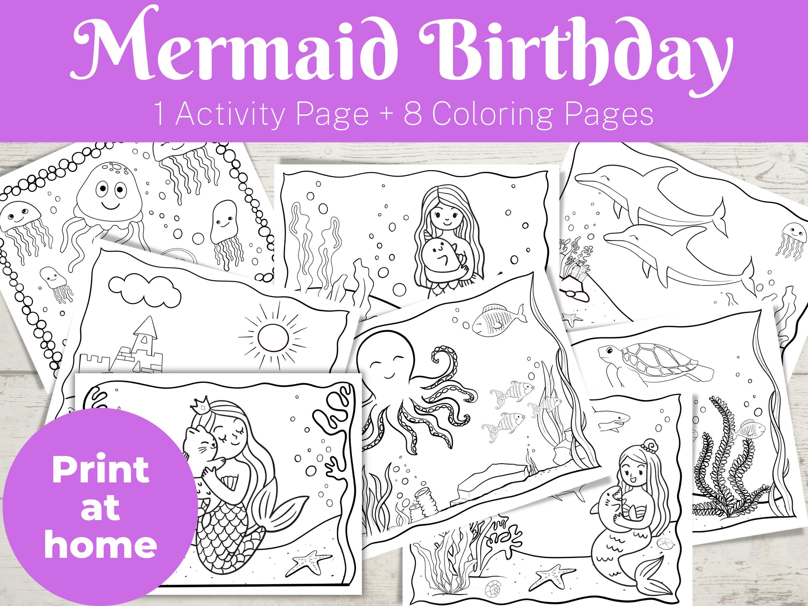 Printable Mermaid Birthday Activity Coloring Pages for Kids | Word ...