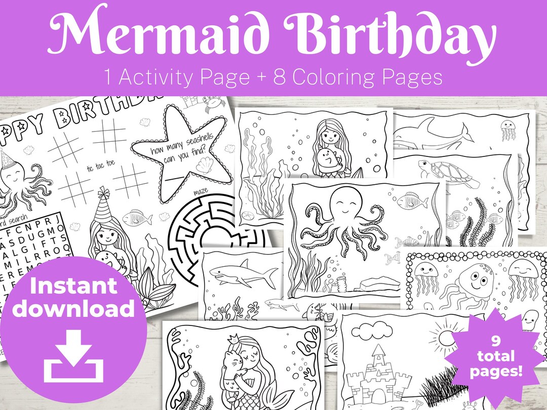 Printable Mermaid Birthday Activity Coloring Pages for Kids | Word ...