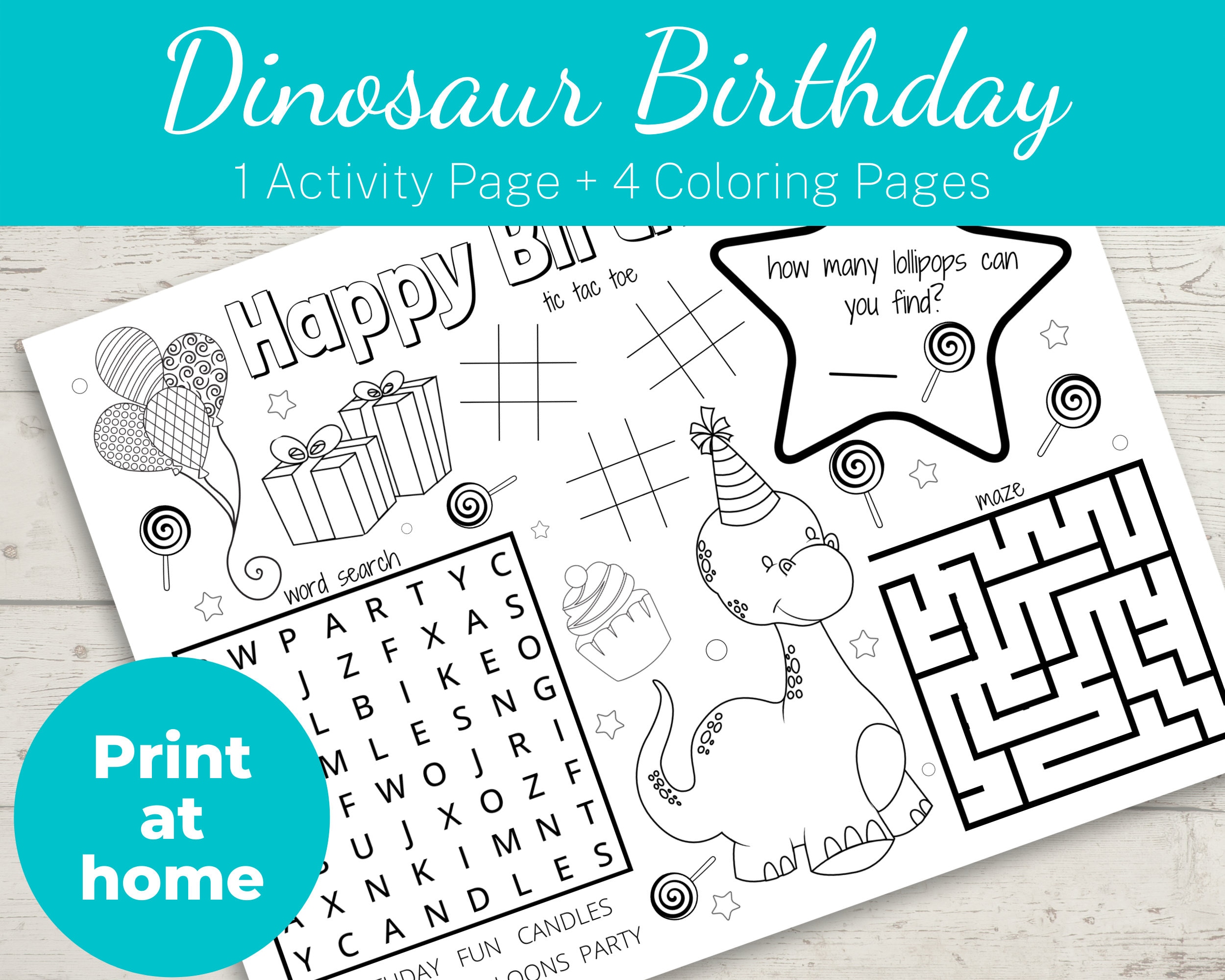 Dinosaur Birthday Activity Coloring Pages | Printable - Etsy