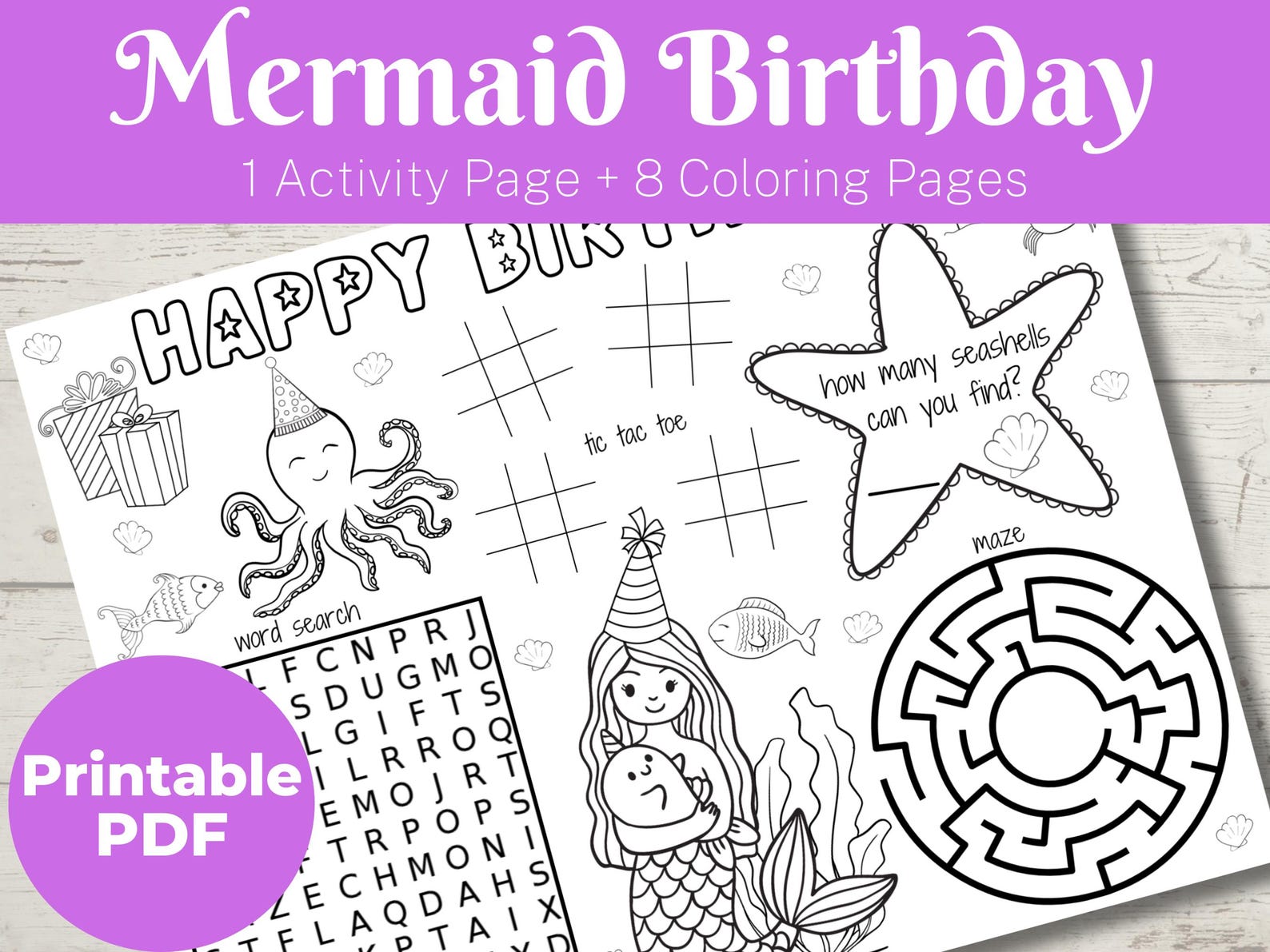 Printable Mermaid Birthday Activity Coloring Pages for Kids | Word ...