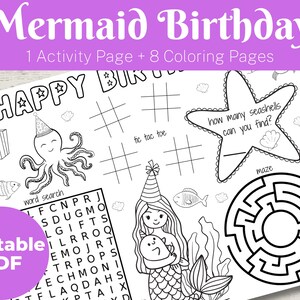 Printable Mermaid Birthday Activity Coloring Pages for Kids | Word ...