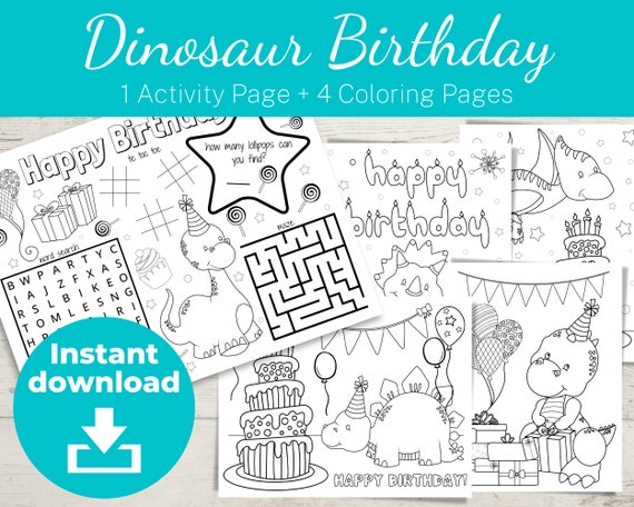 Dinosaur Birthday Activity Coloring Pages Printable - Etsy