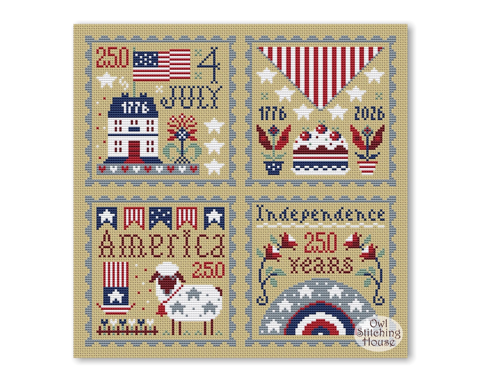 Stamps 250 Years Independence Day Cross Stitch Sampler:4 July Patriotic ...