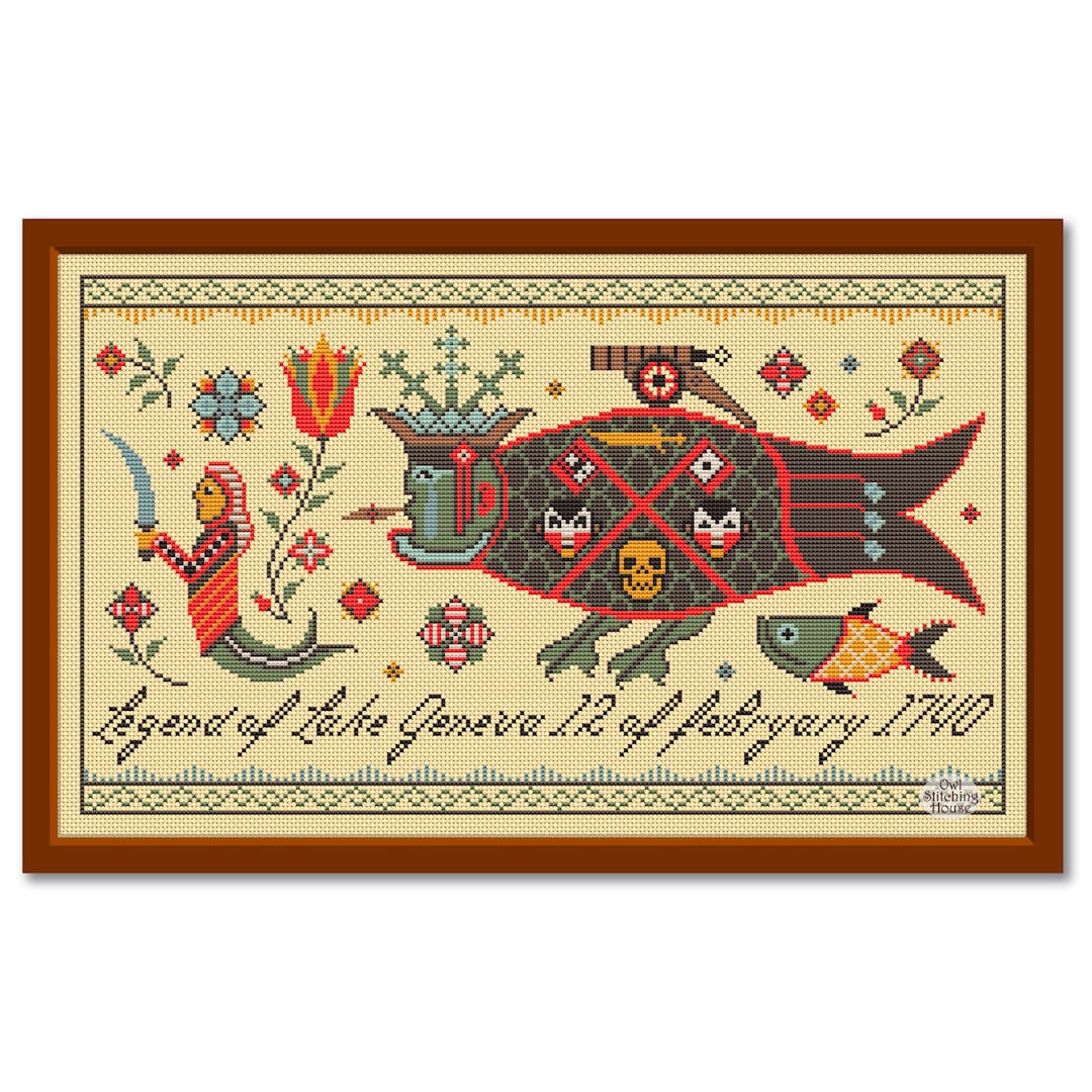 Fraktur Cross Stitch Pattern Legend of Lake Geneva, Modern Folk ...