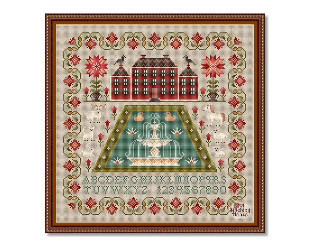 Cross Stitch Sampler House With a Fountain, Vintage Sampler House ...