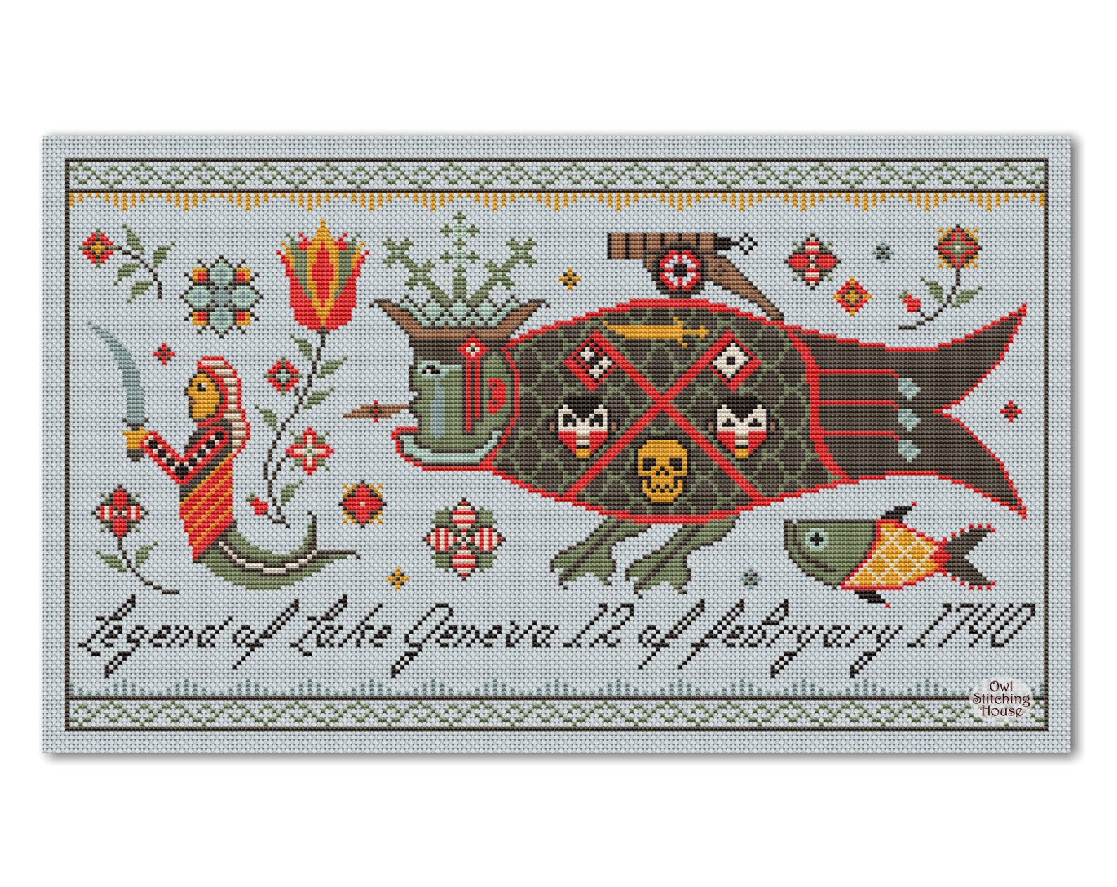 Fraktur Cross Stitch Pattern Legend of Lake Geneva, Modern Folk ...