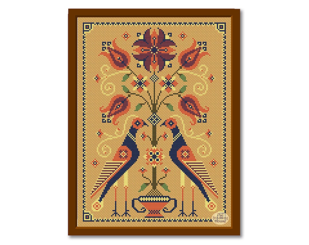 Fraktur Cross Stitch Pattern Birds #2, Modern Folk Embroidery, Sampler ...