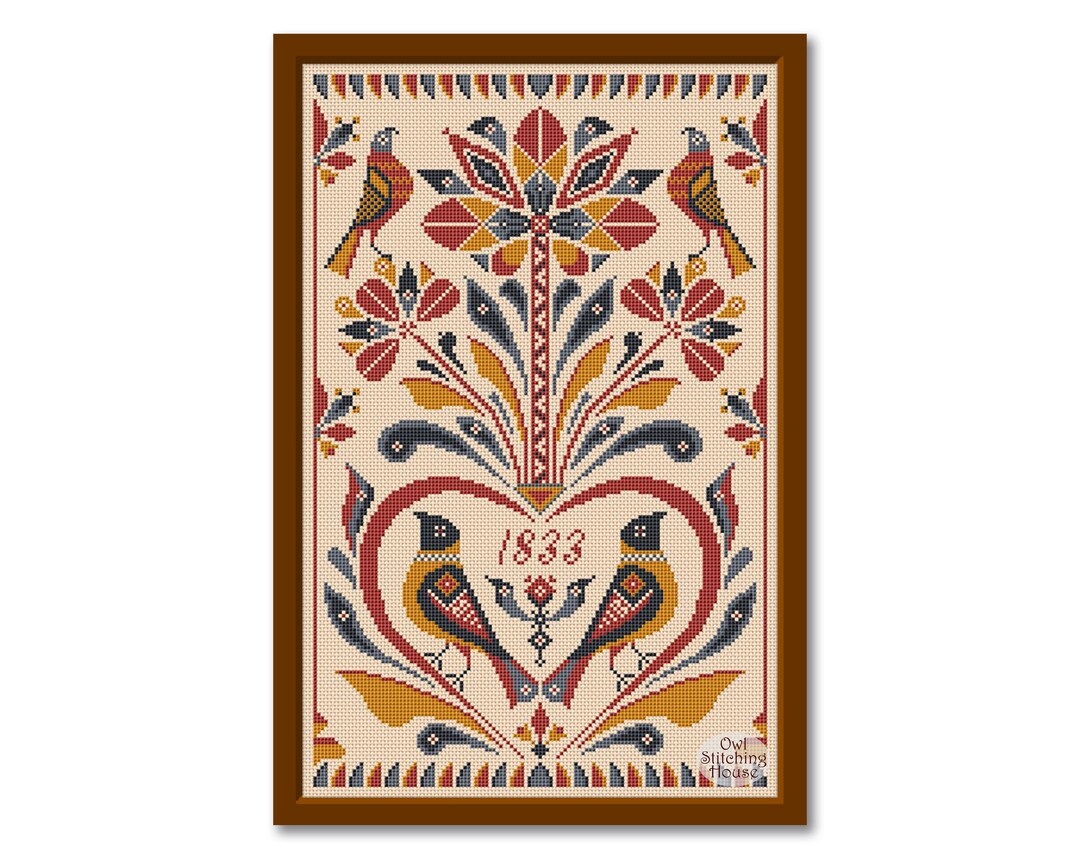 Fraktur Cross Stitch Pattern Birds #3, Modern Folk Embroidery, Sampler ...