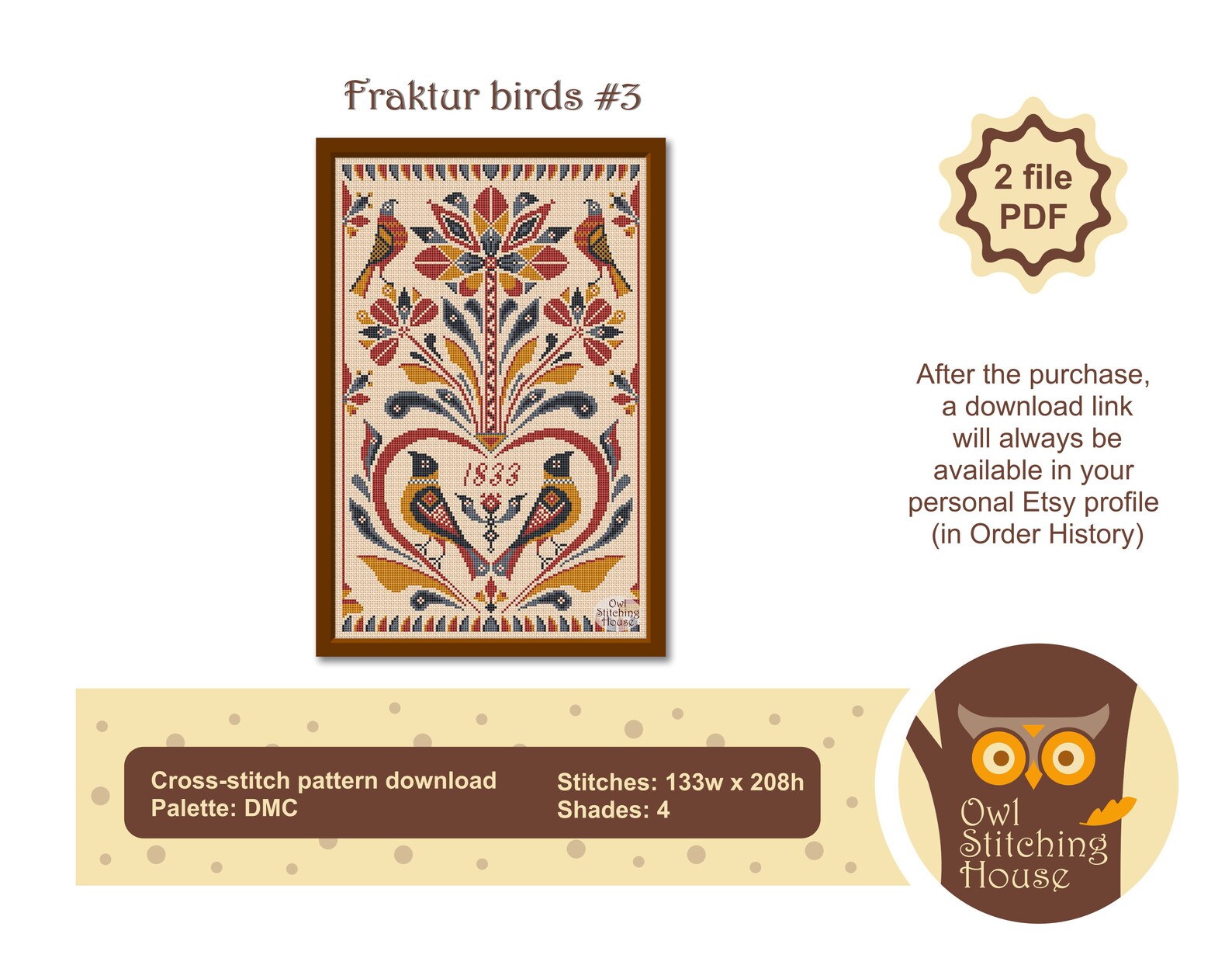 Fraktur Cross Stitch Pattern Birds 3 Modern Folk Embroidery - Etsy