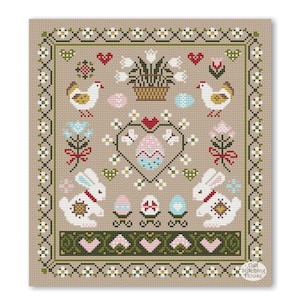 Easter Cross Stitch Pattern, Easter Primitive Sampler, Easter Rabbit and Flowers - Etsy
