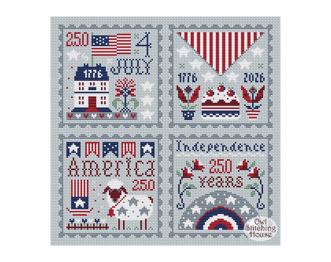 Stamps 250 Years Independence Day Cross Stitch Sampler:4 July Patriotic ...