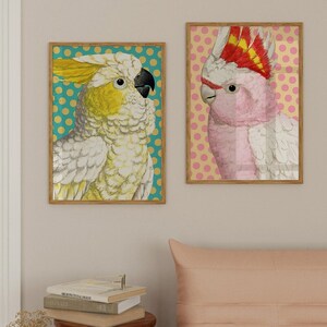Set of 2 Matching Vintage Parrots on Spotty Background: Fun Bright ...