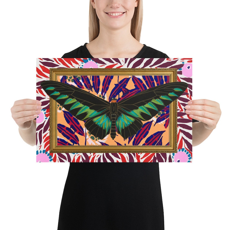 Green Butterfly and Image of Gold Frame on Busy Pattern Background ...