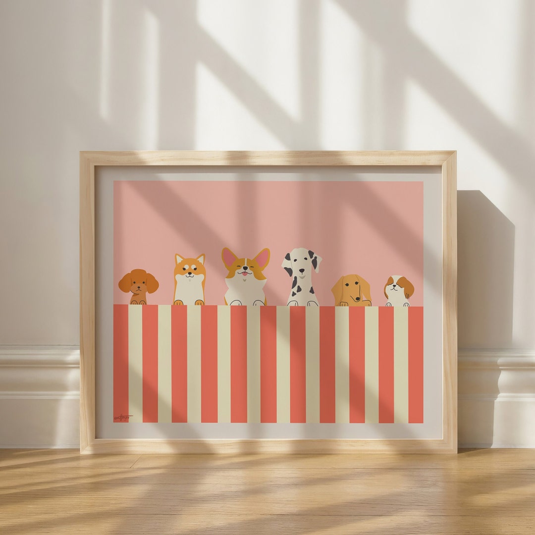Sweet Minimalistic Dogs Peeking Over Pink and White Striped Fence in ...