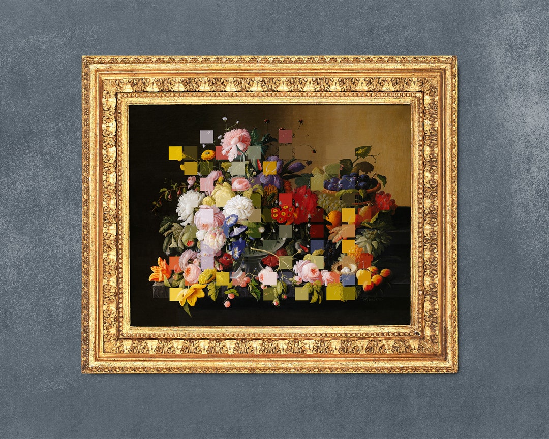 Pixelated Vintage Flower Still Life – Surreal Maximalist Botanical Art ...
