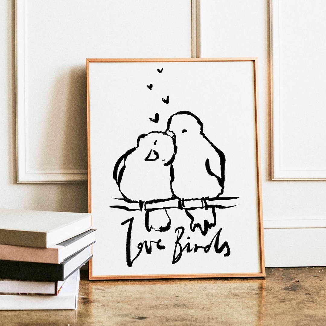 Love Birds Line Drawing – Minimalist Black and White Art Print, Cute ...