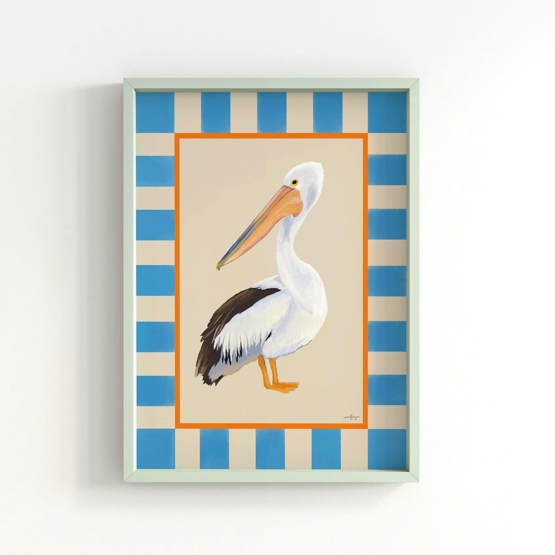 Pelican Wall Art Print, Coastal Bird Poster With Blue Stripe Border ...
