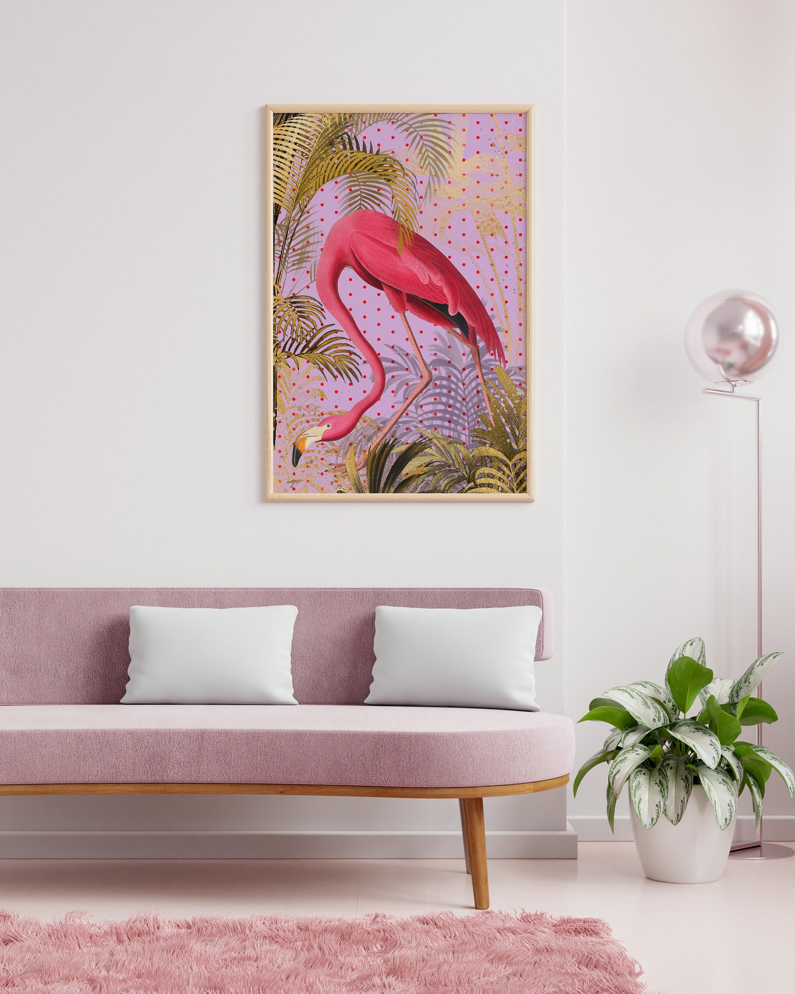 Pink Flamingo Wall Art, Maximalist Hollywood Regency Print, Gold Ferns ...