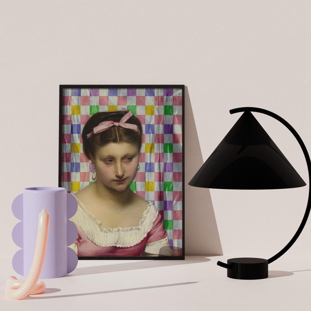 Y2K Aesthetic Vintage Portrait Print : Pink Ribbon Girl in Colorful ...