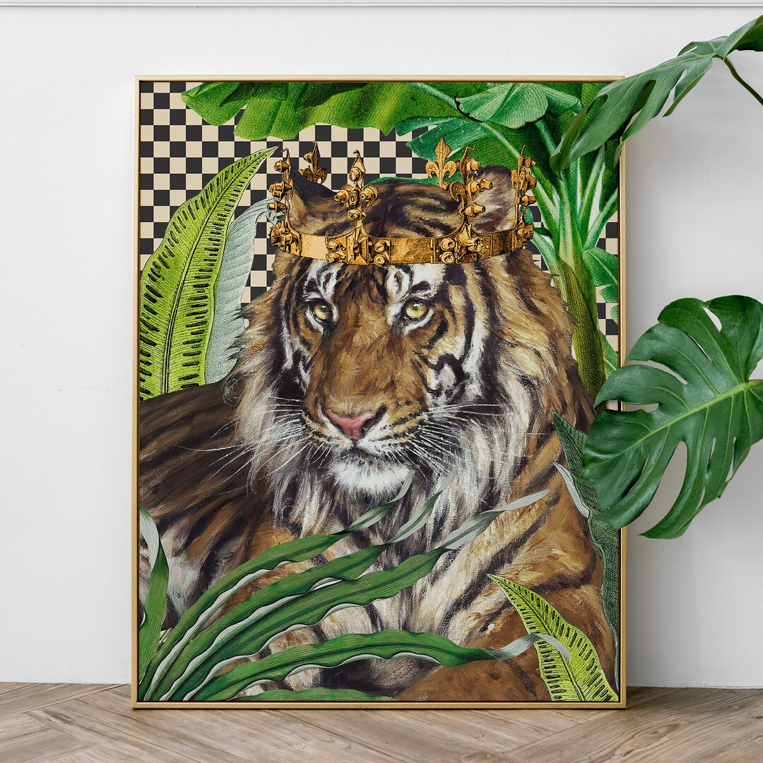 Vintage Exotic Jungle Tiger in Crown With Checkered Background ...