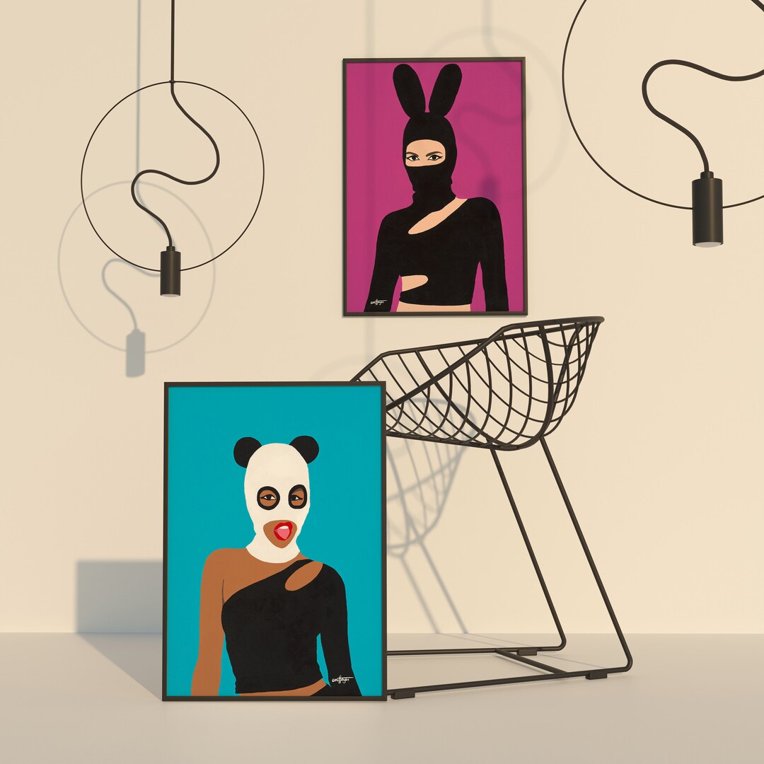 Set of 2 Matching Pop Art Girls Wearing Balaclavas in Blue and Pink ...