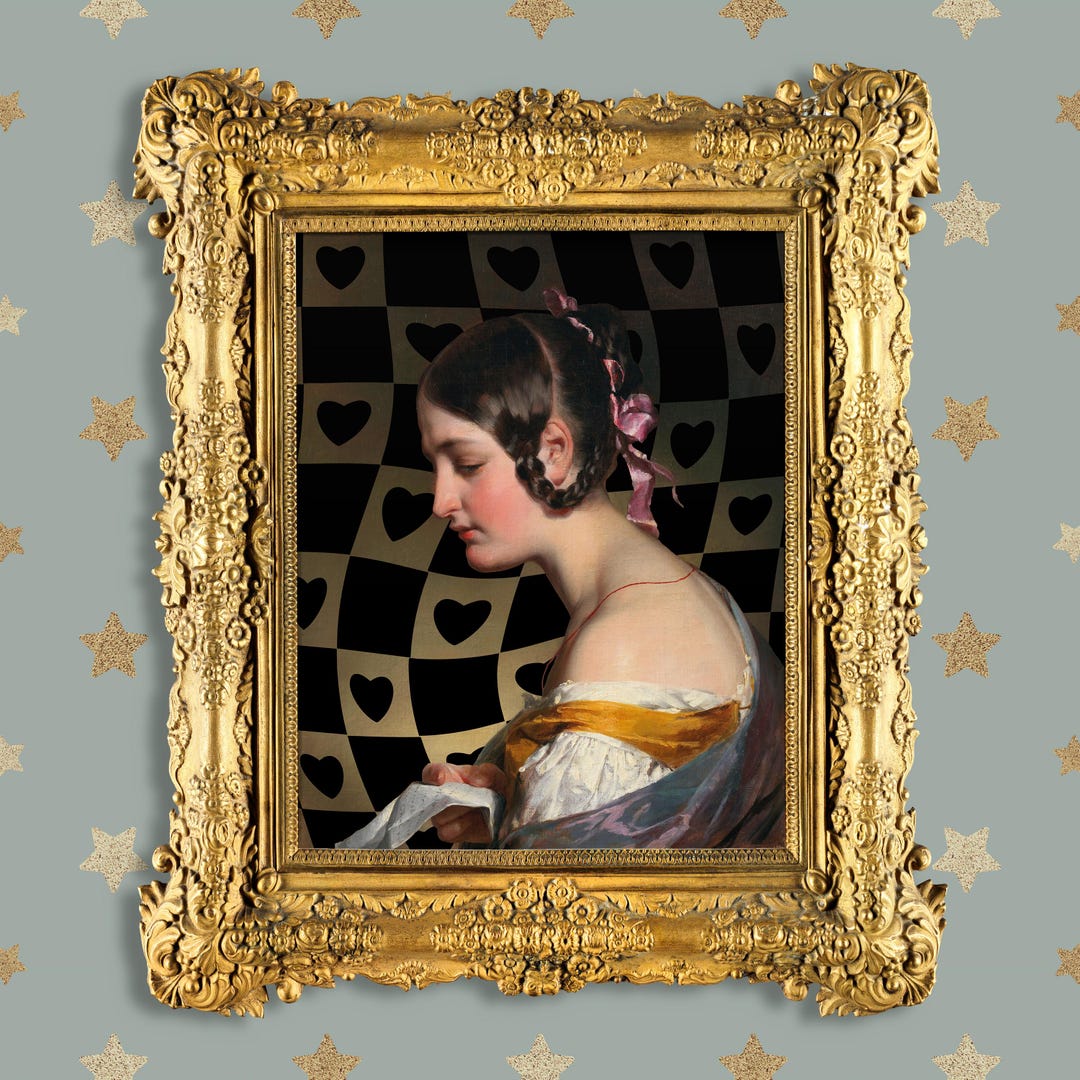 Surreal Vintage Portrait Art Print : Checkered Heart Gothic Aesthetic ...
