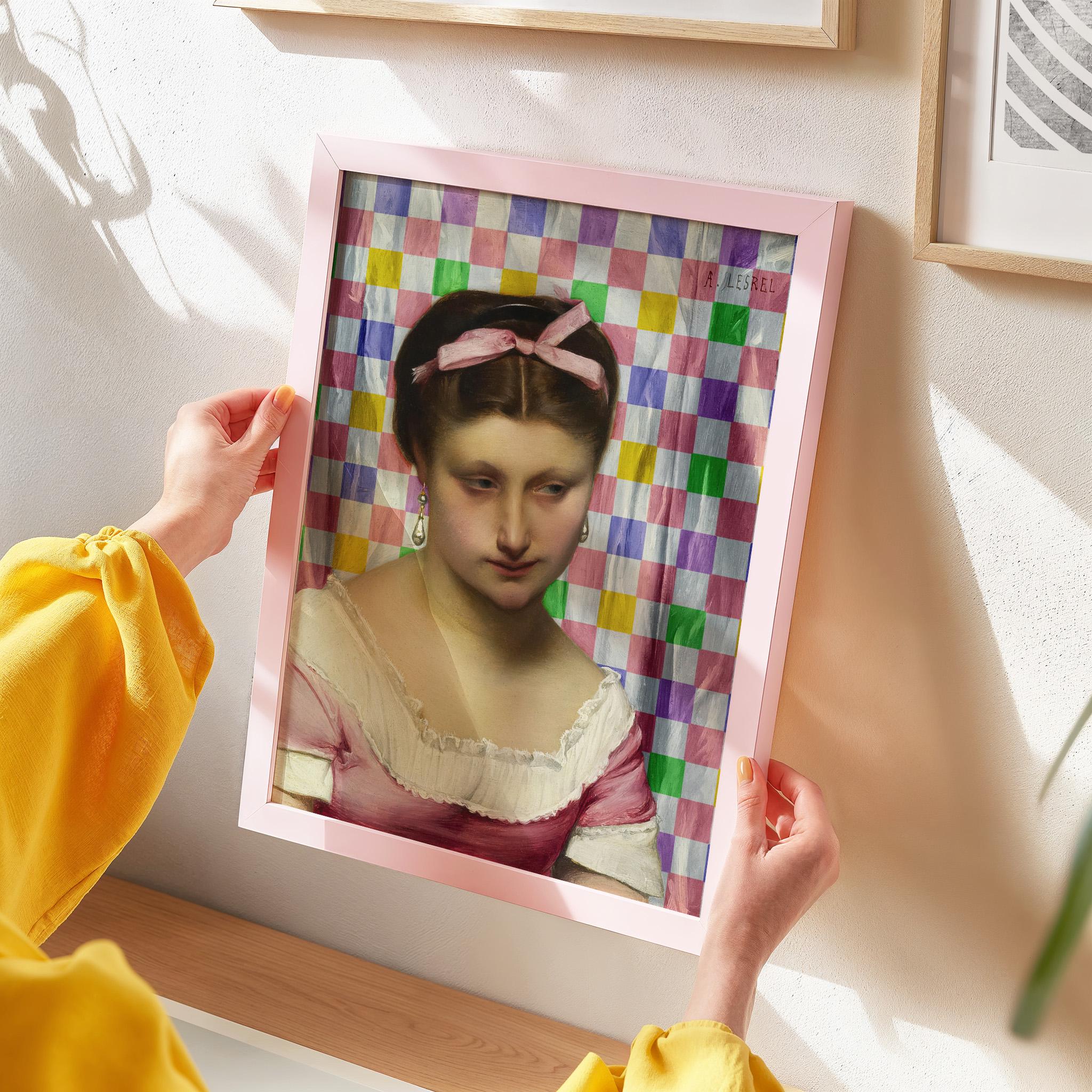 Y2K Aesthetic Vintage Portrait Print : Pink Ribbon Girl in Colorful ...