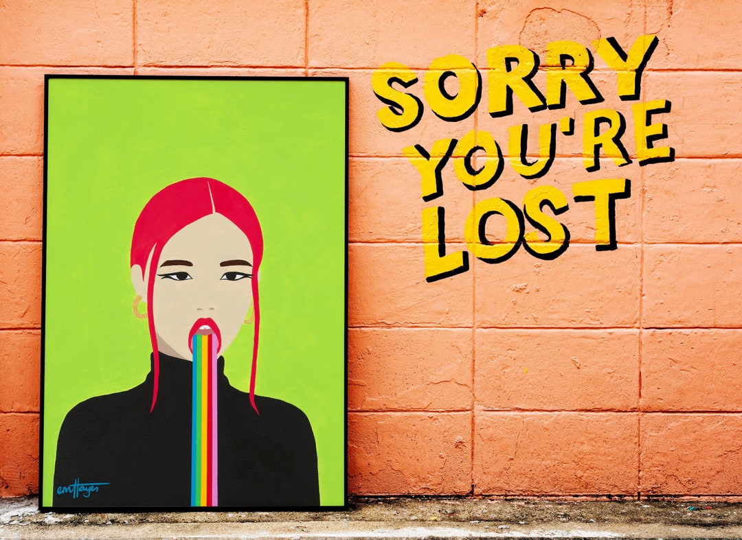 Love Sick Pop Art Print of Woman Vomiting Rainbows on Lime - Etsy