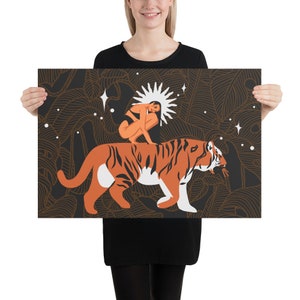 Abstract Illustration of Girl Riding Tiger in Dark Abstract Jungle ...