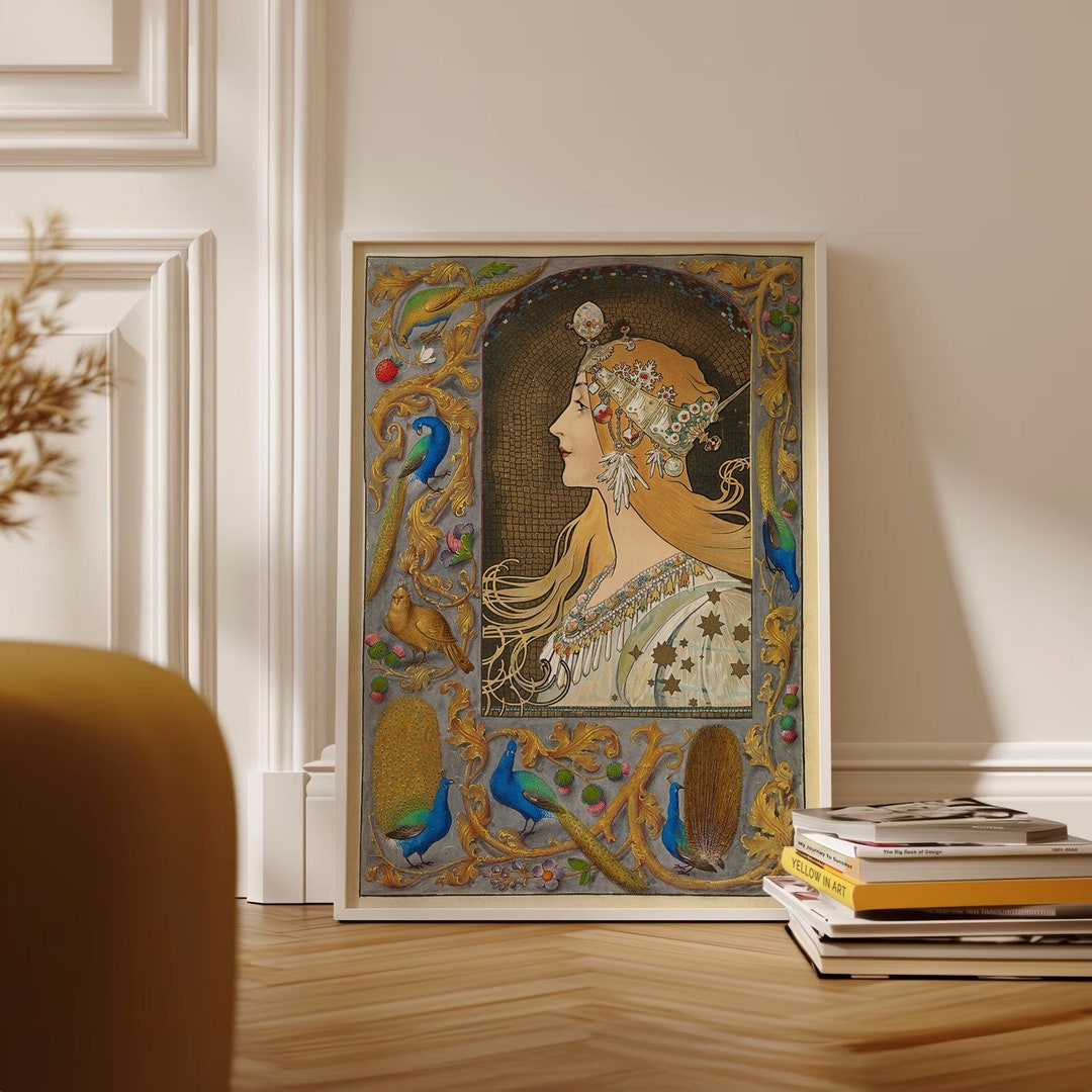 Alphonse Mucha Art Nouveau Woman in Ornate Vintage Filigree Border and ...