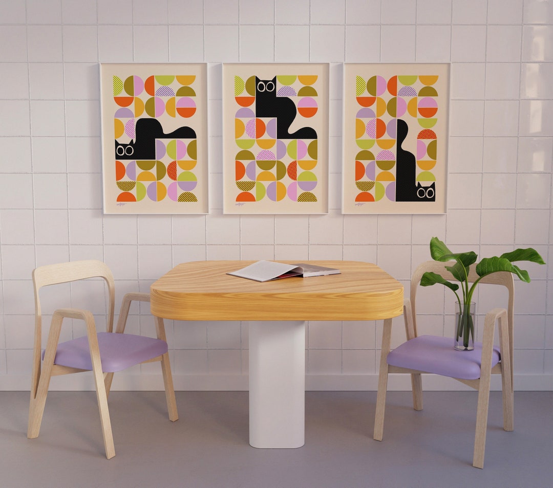 Mid Century Modern Black Cat in Colorful Modern Bauhaus Pattern ...
