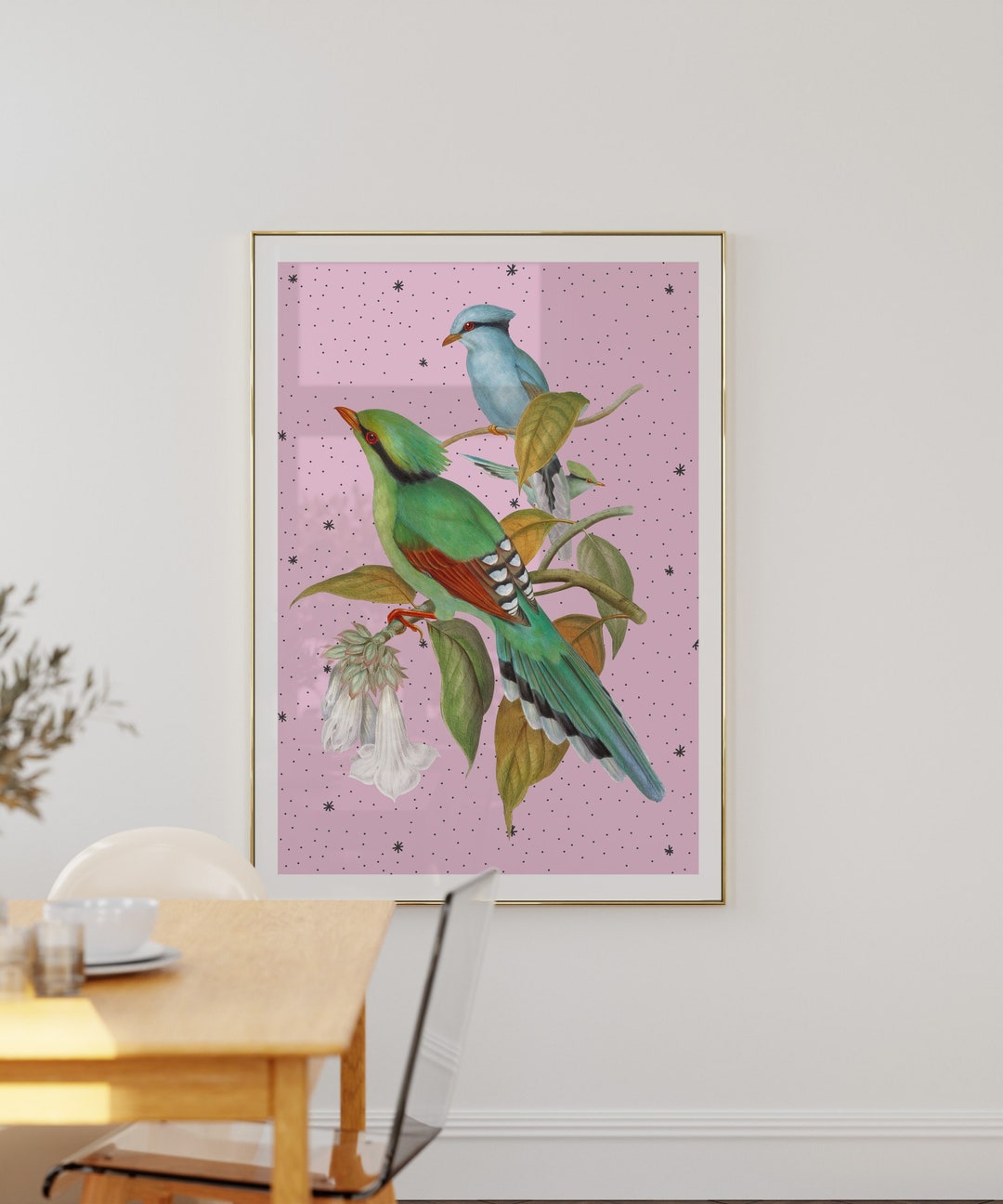 Green and Blue Birds on Pink Polka Dot Background – Vintage Botanical ...