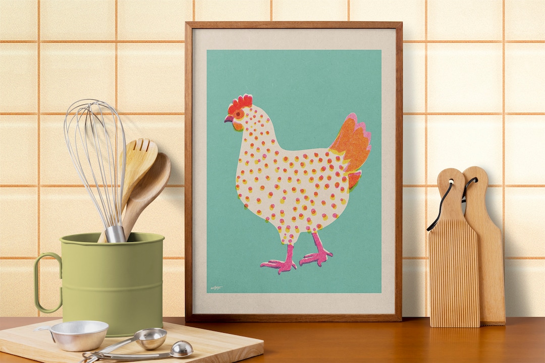 Spotted Chicken Art Print – Retro Farmhouse Kitchen Wall Decor in ...