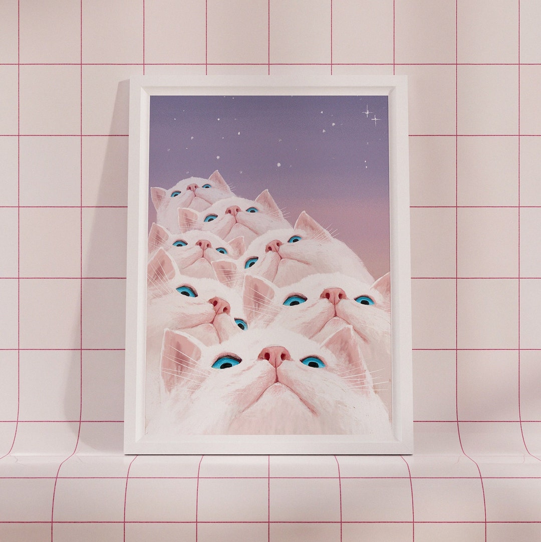 Illustrated White Cats in Outer Space on Gradient Pastel Background ...