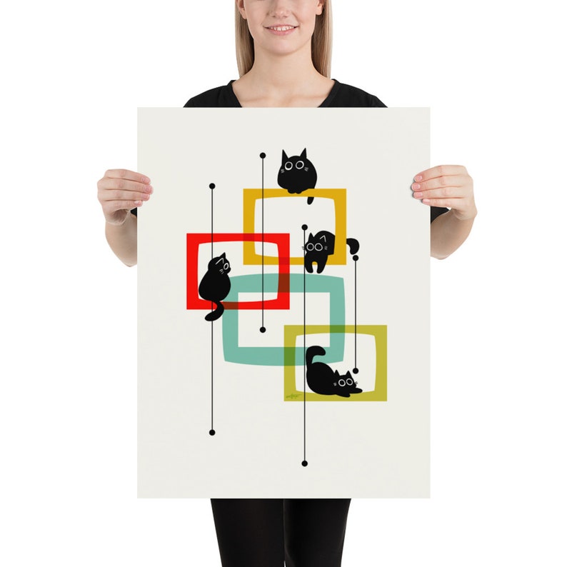 Geometric Retro Black Cat Wall Art Print, Mid Century Modern Design for ...