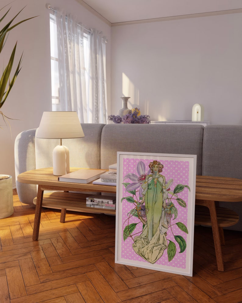 Mucha Art Nouveau Woman With Flowers – Vintage Style Wall Art on Pink ...