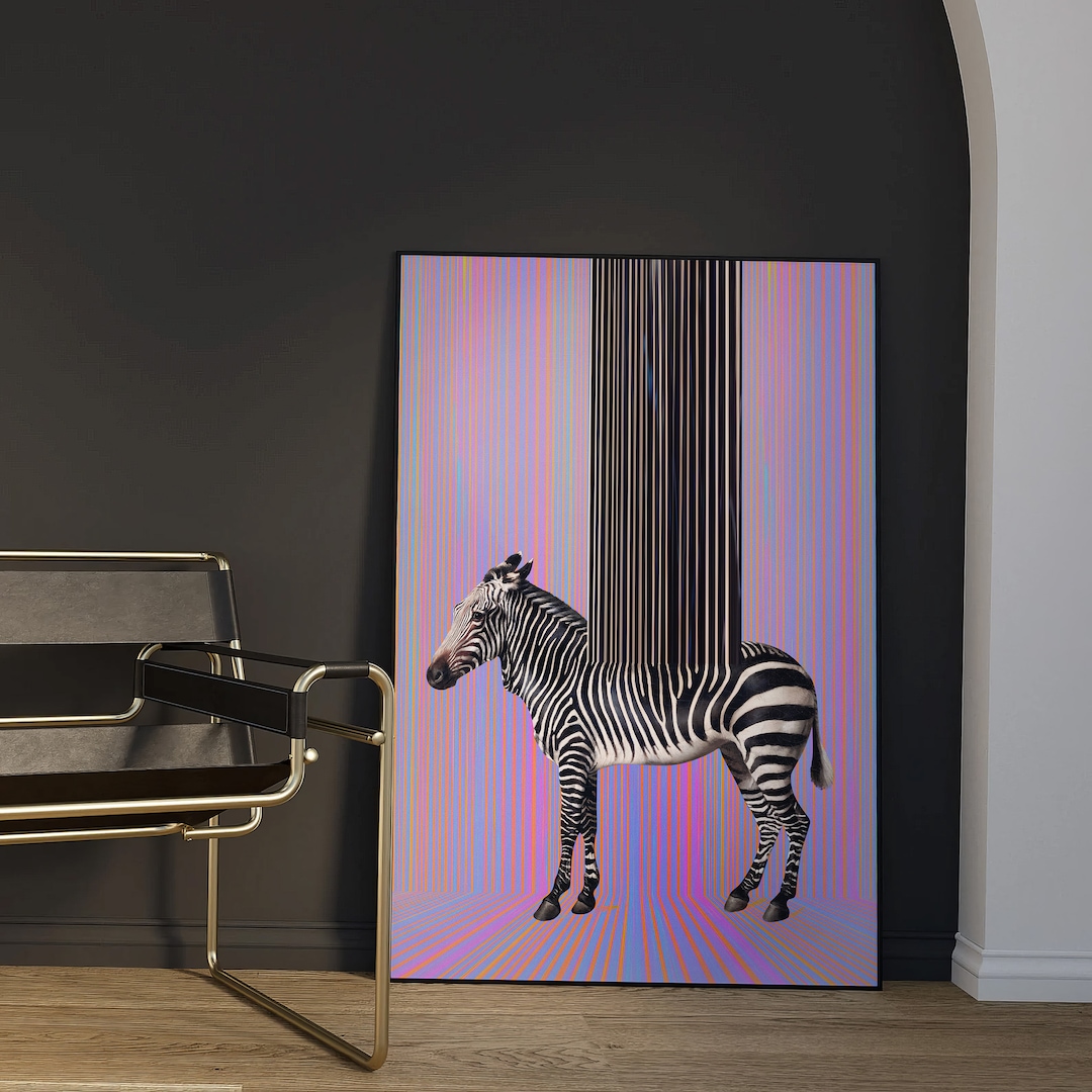 Zebra on Neon Striped Background With Glitch : Unique Bold Urban Chic ...
