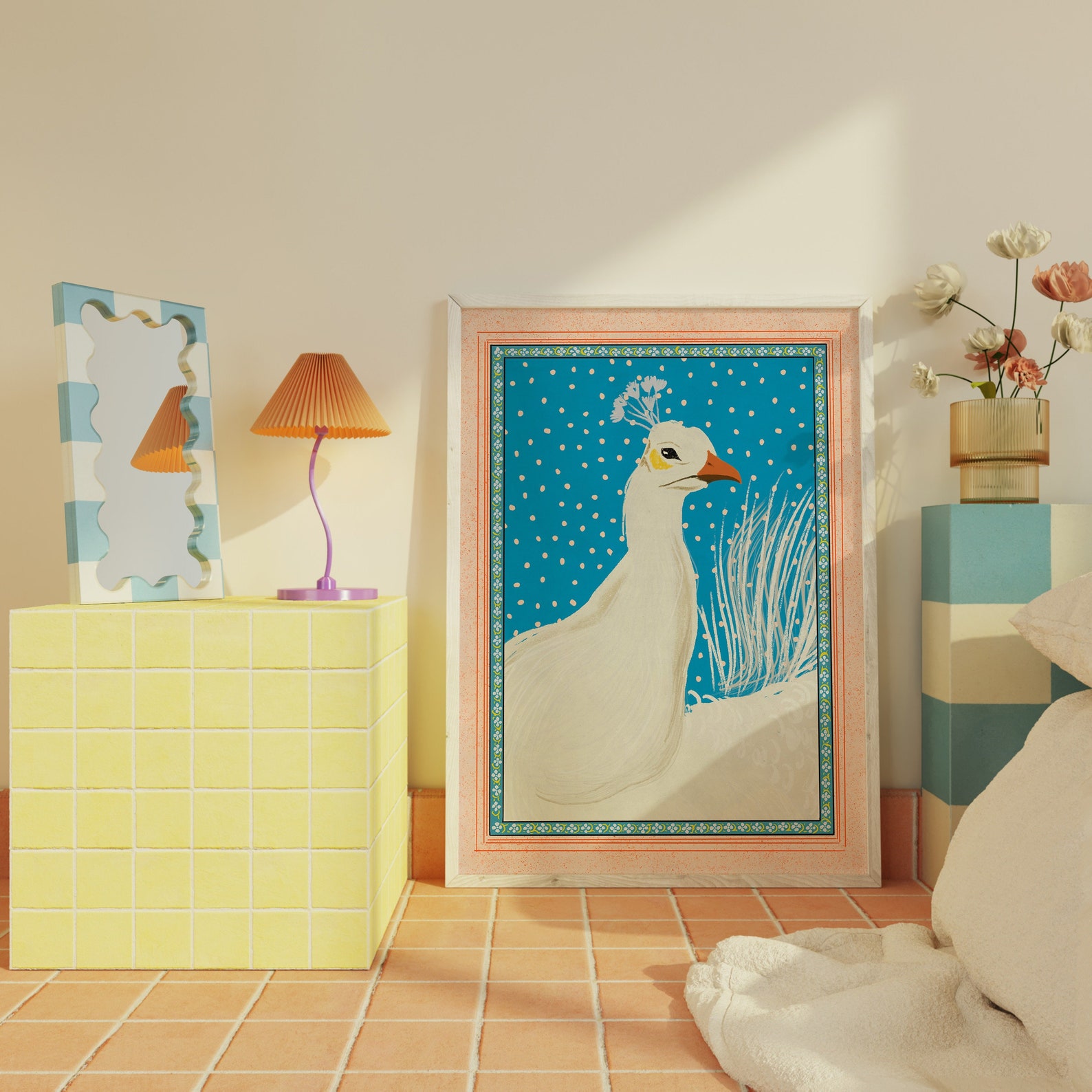 Pretty White Peacock Head on Polkadot Background in Illustrated Flower ...