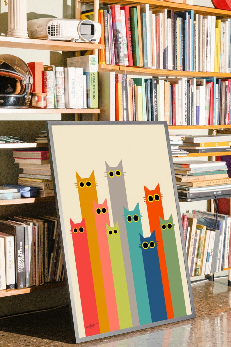 Tall Colorful Cats Wall Art Print – Mid Century Modern Minimalist Cat ...