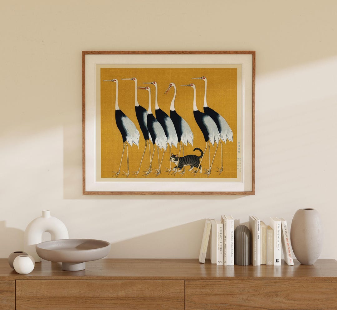 Vintage Japanese Cranes With Playful Cat – Quirky Traditional Print ...