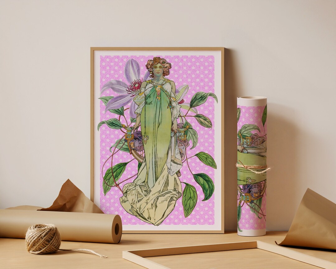Mucha Art Nouveau Woman With Flowers – Vintage Style Wall Art on Pink ...