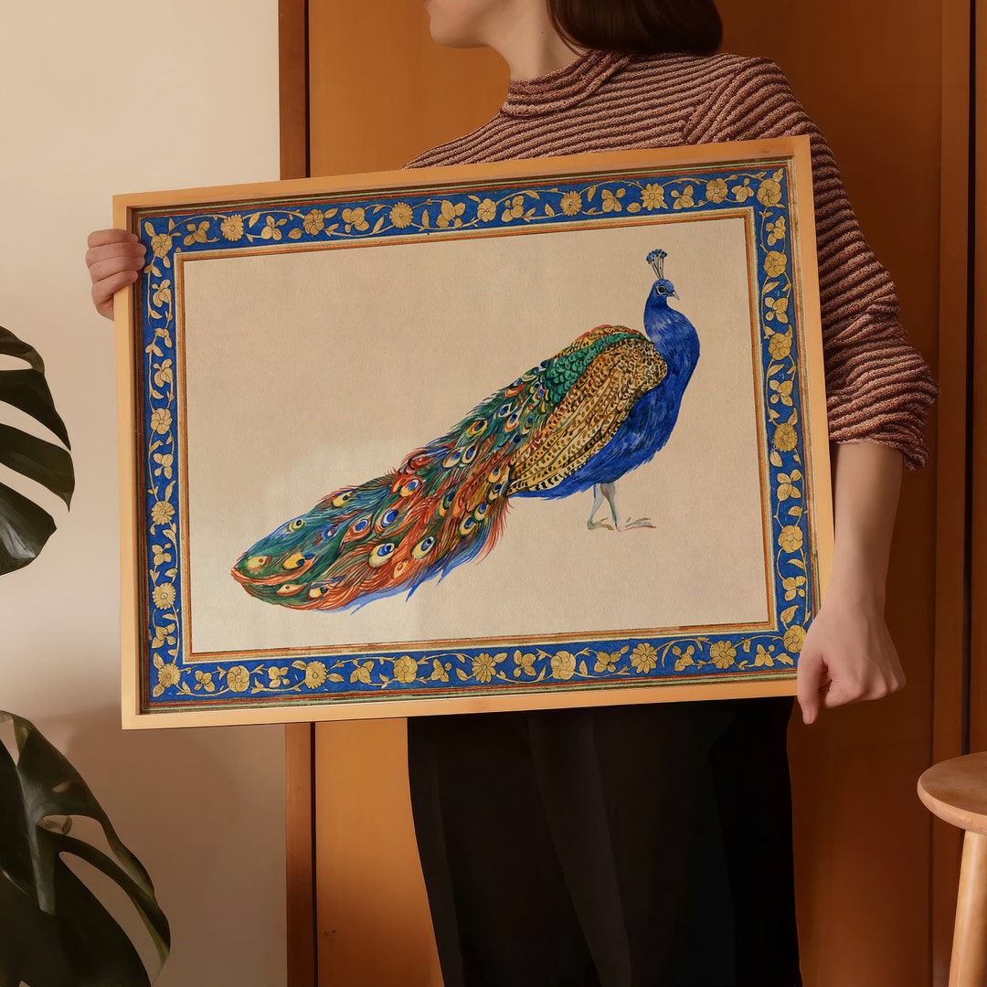 Elegant Peacock Wall Art – Colorful Bird With Blue Floral Border ...