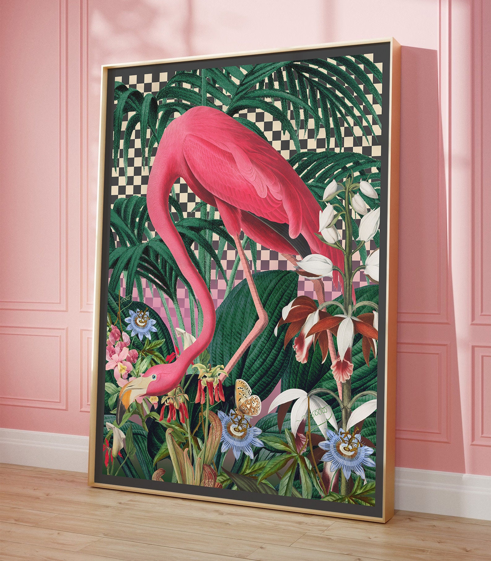 Vintage Pink Flamingo in Lush Tropical Jungle on Checkered Background ...
