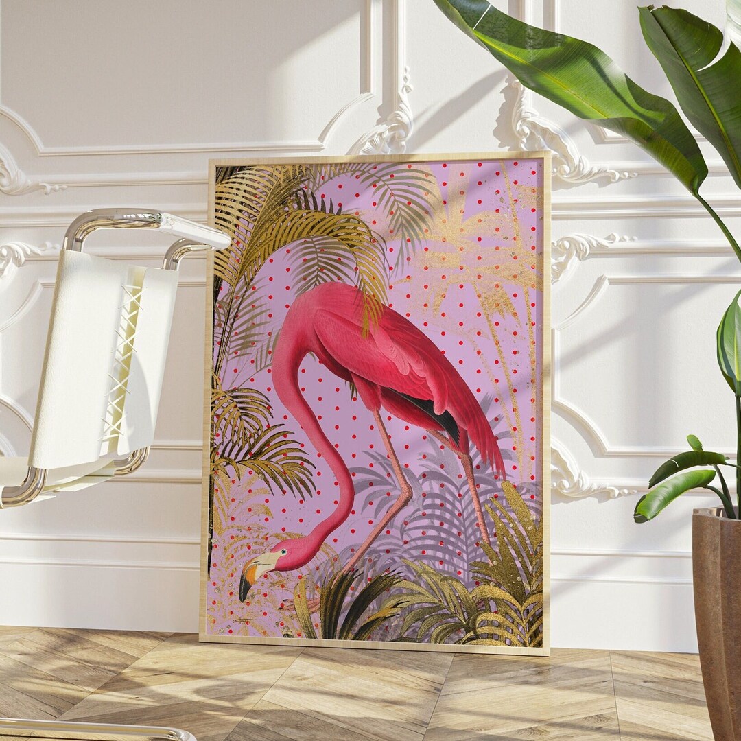 Pink Flamingo Wall Art, Maximalist Hollywood Regency Print, Gold Ferns ...