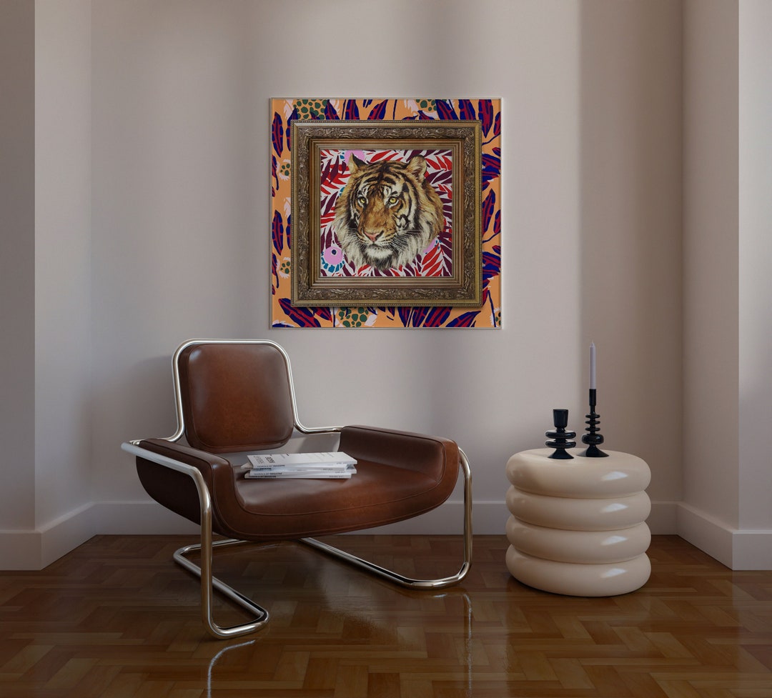 Maximalist Tiger Head in Image of Gold Frame Print on Busy Pattern ...