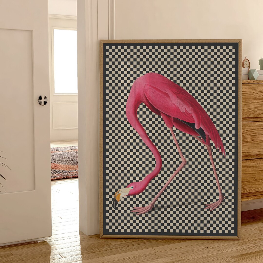Vintage Pink Flamingo on Black and White Checkered Background ...