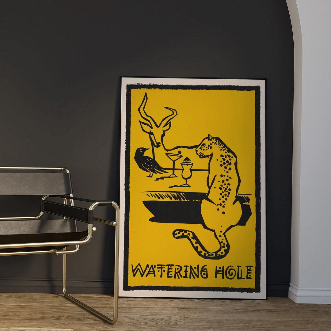 Jungle Bar Animals Art Print – Bold Yellow & Black Linocut Style Poster ...