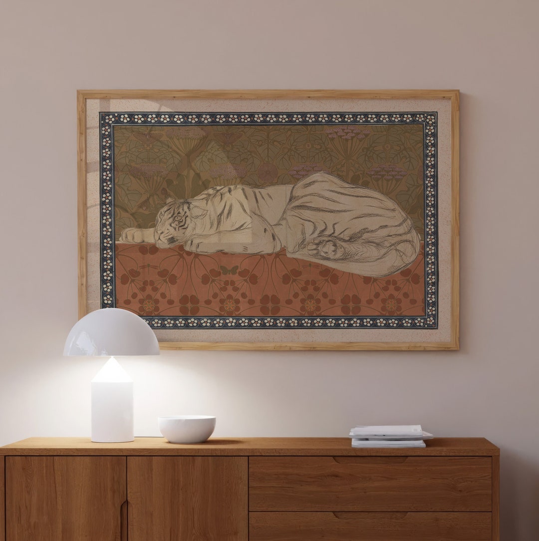 Vintage Illustrated Tiger and Pattern Paper Surrounded by Flower Border ...